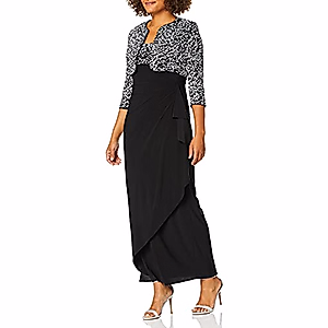 Alex Evenings Women's Empire Waist Dress with Side Ruched Skirt and Jacket (Petite and Regular Sizes), Black/White, 16