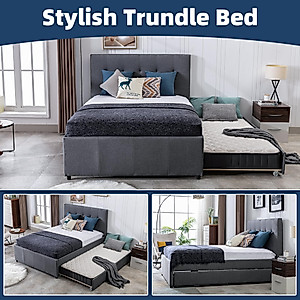 civama Full Size Bed with Trundle, Upholstered Full Over Twin Bed with Headboard & Wooden Slat Support, Pull Out Twin Platform Bed Underneath, No Box Spring Needed, Grey