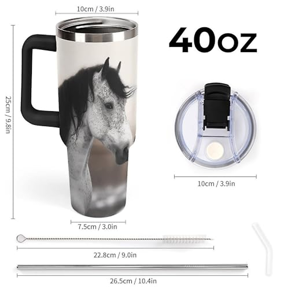 STVNKML 40 Oz Tumbler with Handle Black And White Horses Stainless Steel Coffee Mug Reusable Travel Mug Leak-proof Insulated Car Cup Large Capacity Tumbler for Travel, Outdoor, Home Use (Black)