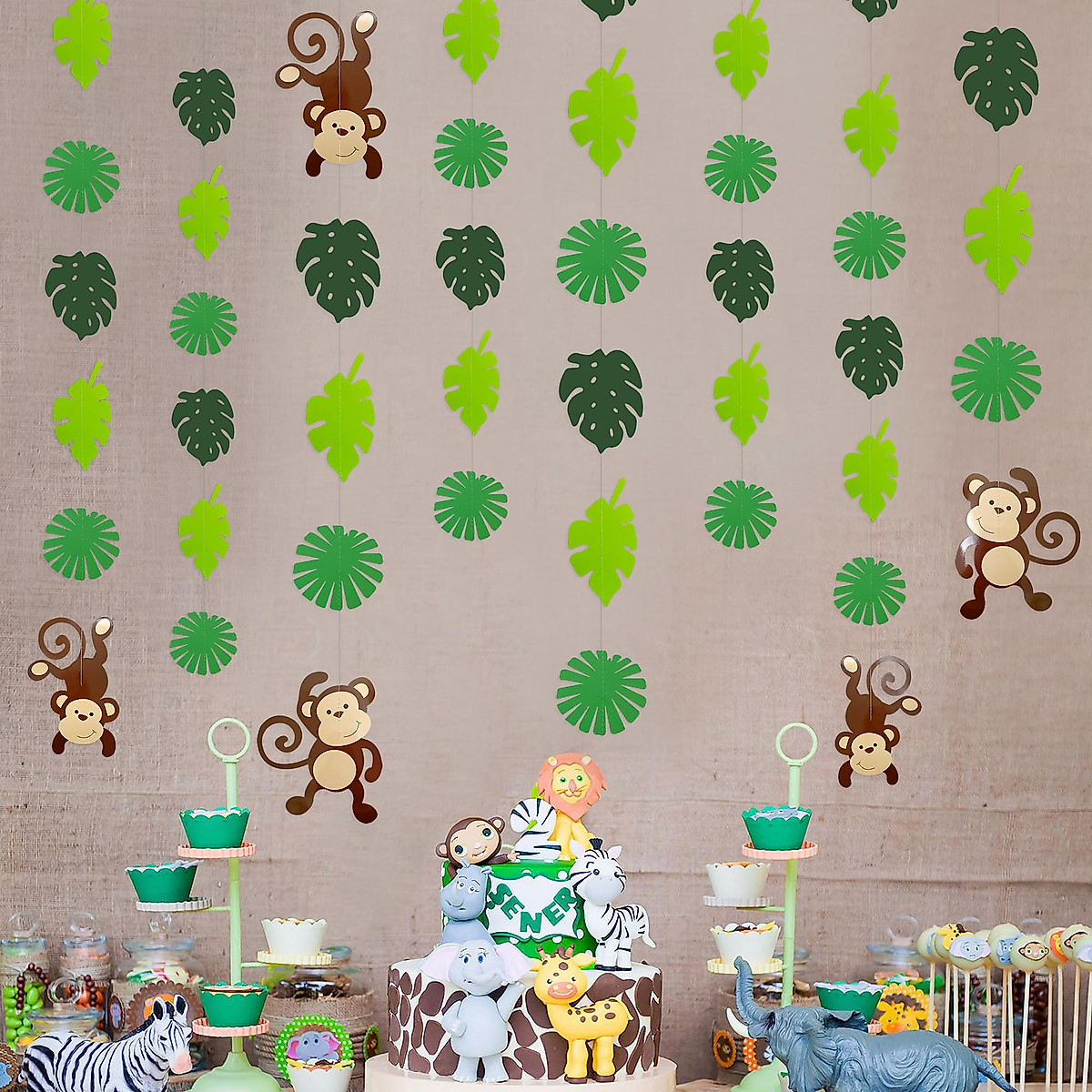 Monkey Palm Leaves Cutouts Garland Jungle Party Decorations Monkeys Hanging Wall Decorations for Kids Wild One Birthday Tropical Jungle Safari Animal Party Banner Backdrop for Boys Baby Shower Decor