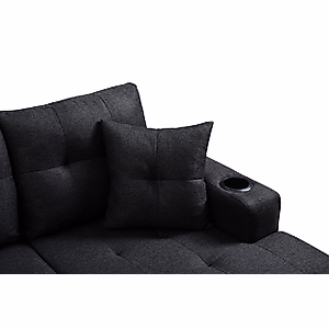 GINGVAT L Shaped Upholstered Sectional Sofa with Reversible Chaise and 2 Cupholders,Fabric Couch,Fashion Design,Black