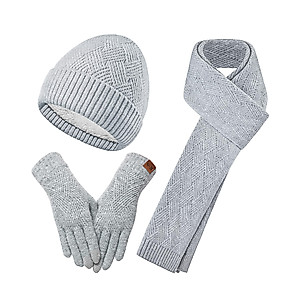 REACH STAR Womens Winter Warm Knit Beanie Hat Touchscreen Gloves Long Scarf Set with Soft Fleece Lined Skull Caps Neck Scarves Mitten 3 in 1 Set Gift for Women