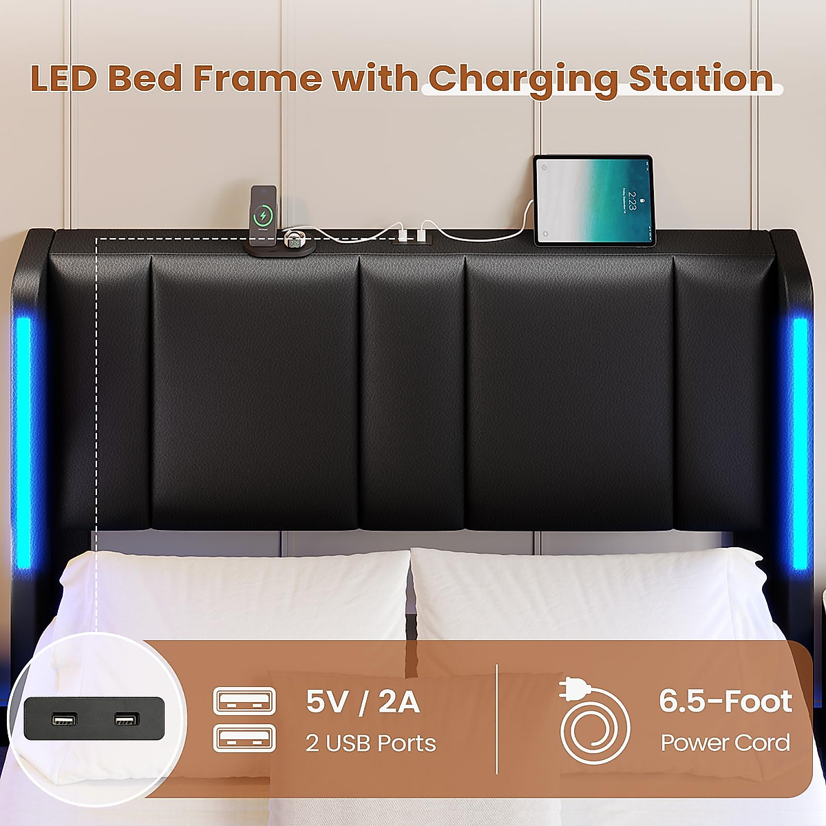 AOGLLATI Floating Bed Frame Full with LED Light and 2 USB Charging Station, Upholstered Platform Bed Frame Full Size with Heavy Wooden Slats Support, No Box Spring Needed
