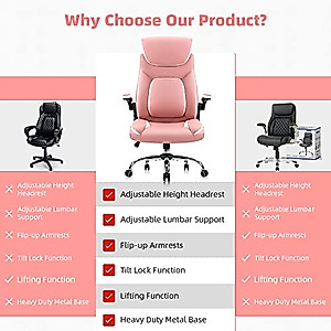 YAMASORO Ergonomic Home Executive Office Chair with Flip-up Armrests and Lumbar Support, High Back Desk Chair Computer Gaming 360 Swivel Adjustable PU Leather for Adults and Teens, Pink