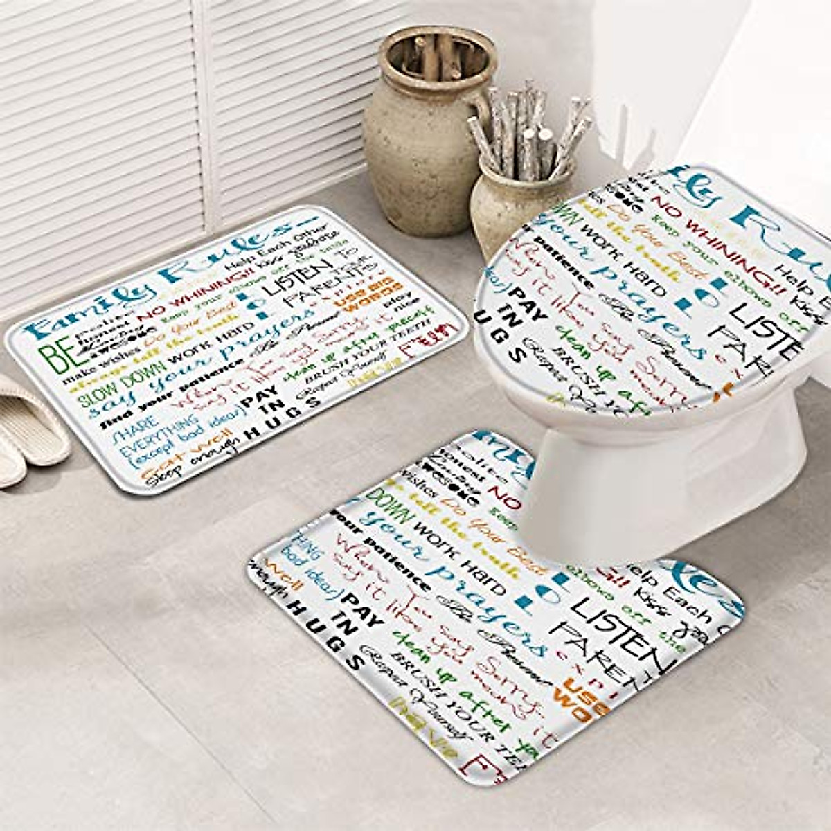 Libaoge Bathroom Mat Sets 3 Piece/Set Rugs Family Rule Cartoon Artistic Print Memory Foam Mat Set Matches Anti-Skid Absorbent Toilet Seat Cover Bath Mat Lid Cover 20"x31"+16"x18"+16"x20"