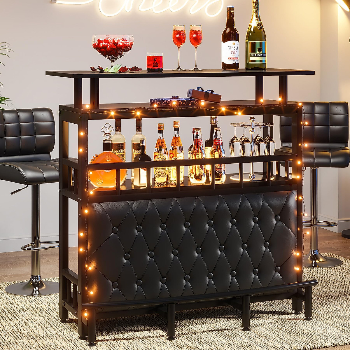 Tribesigns Home Bar Unit for Liquor, 44-Inch Bar Height Table with Storage, Black Entertainment Pub Table, Mini Bar Carts Upholstered&Metal Front Footrest for Kitchen, Balcony, Basement