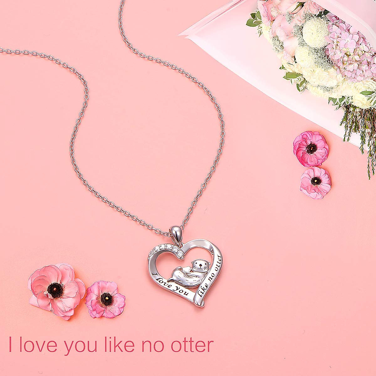 925 Sterling Silver Animal Jewelry Engraved I Love You Like No Otter Sea Otter Heart Pendant Necklace for Women Birthday Gifts (06_I love you like no otter)