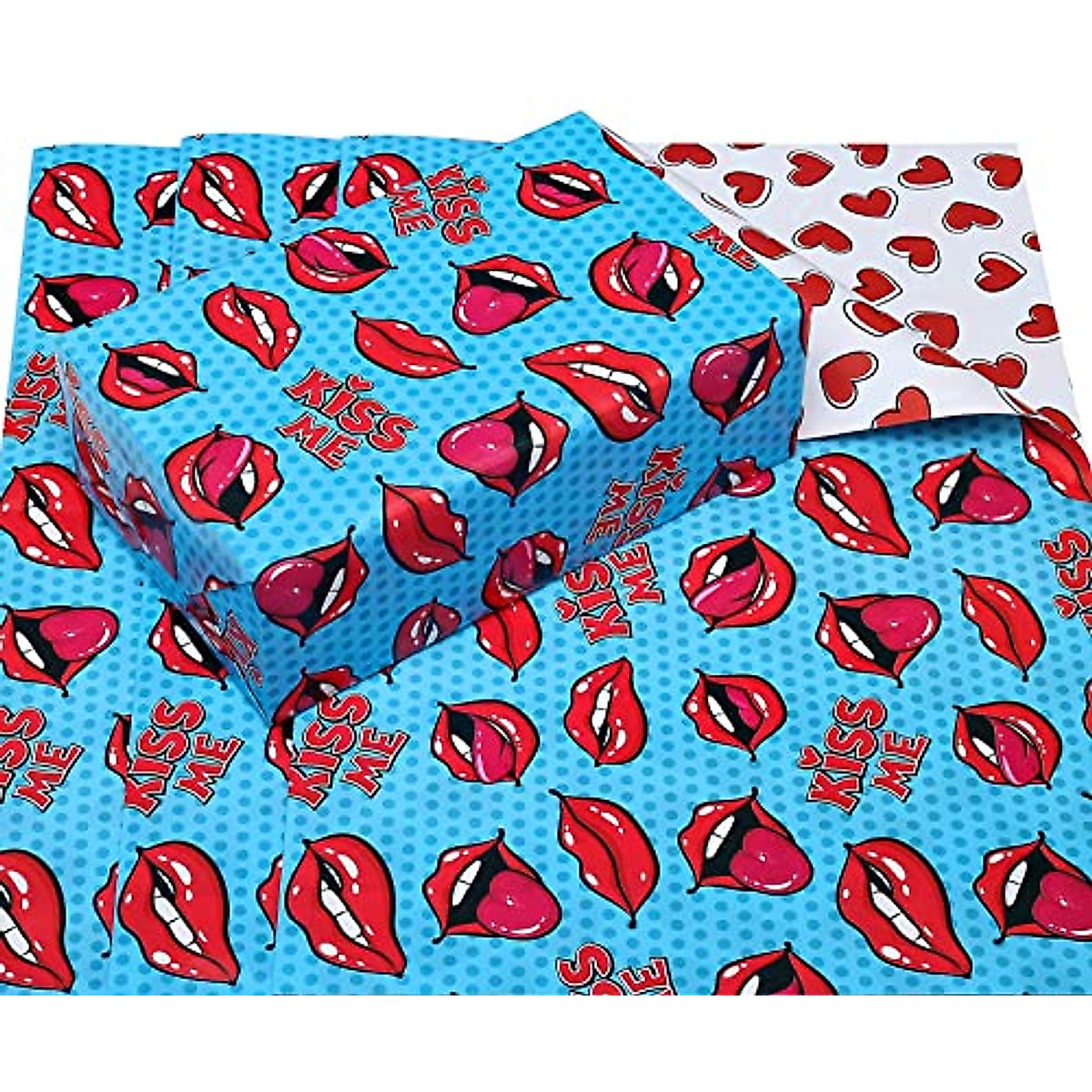 CAMKUZON Reversible Wrapping Paper for Valentine's Day, Birthday, Wedding, Holiday - 3 Large Sheets Red Lip with KISS ME and Heart Design Gift Wrap - 27 Inch X 39.4 Inch Per Sheet