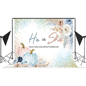 Lofaris Pumpkin Blue or Pink Gender Reveal Backdrop Fall Theme He or She What Will Little Pumpkin Be Banner Party Decorations Photography Background Pregnancy Reveal Party Photoshoot 7x5ft