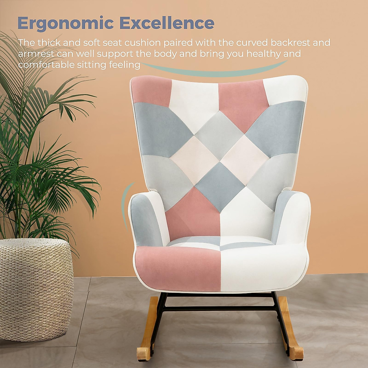 Tatub Rocking Chair Nursery, Upholstered Rocking Chair Indoor with High Backrest and Wooden Base, Modern Glider Chair for Nursery, Living Room, Bedroom, Office （Patchwork Linen Pink）