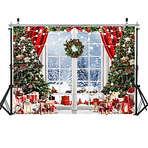 LYCGS 7X5ft Christmas Backdrop Winter Snow Scene Backdrop for Photography Christmas Window Background Xmas Tree & Party Decoration Banner X-171