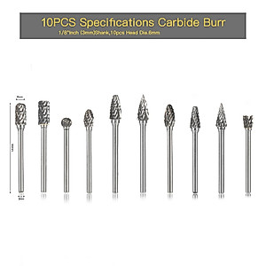 HIDOTOL Carbide Burr Set 10PC 1/8" Shank Tungsten Double Cut Carbide Rotary Burr Set for Metal and Wood Carving, Grinding, Polishing, Engraving, Drilling.
