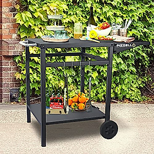 PIZZELLO Outdoor Grill Dining Cart Movable Pizza Oven Trolley BBQ Stand Double -Shelf Outdoor Worktable with 2 Wheels and 4 Hooks