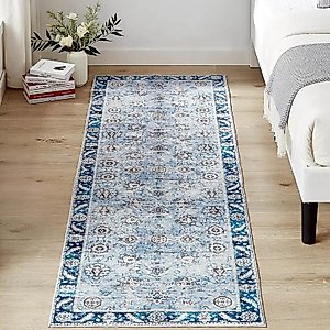 Floralux Hallway Runner Rug 2x6 Washable Distressed Area Rugs Non-Slip Laundry Soft Fuzzy Floral Boho Entryway Laundry Room Kitchen Bathroom (2'x6', Blue)