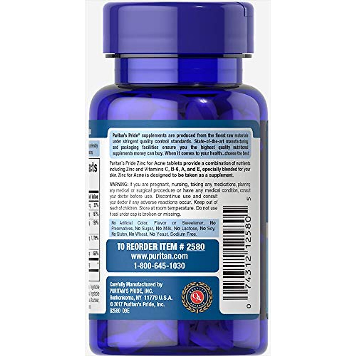 Zinc for Acne by Puritan's Pride a Mineral for Immune Sytem Health 100 Tablets