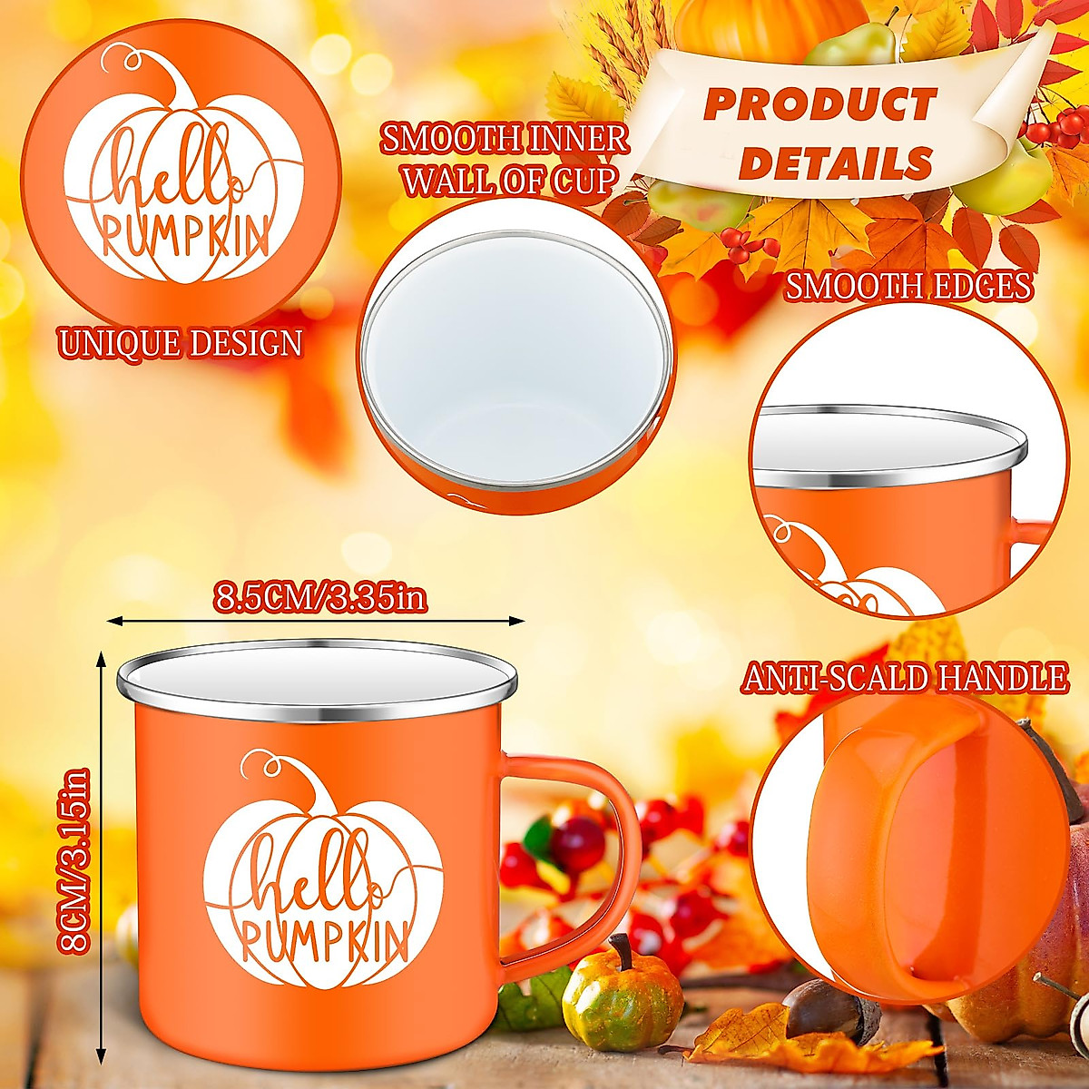 Suttmin 9 Pcs Fall Coffee Mugs Thanksgiving Enamel Mug Pumpkin Autumn Cup Hello Fall Give Thanks Sign 12 oz Camping Tea Orange White Cup Decor for Halloween Party (Pumpkin)