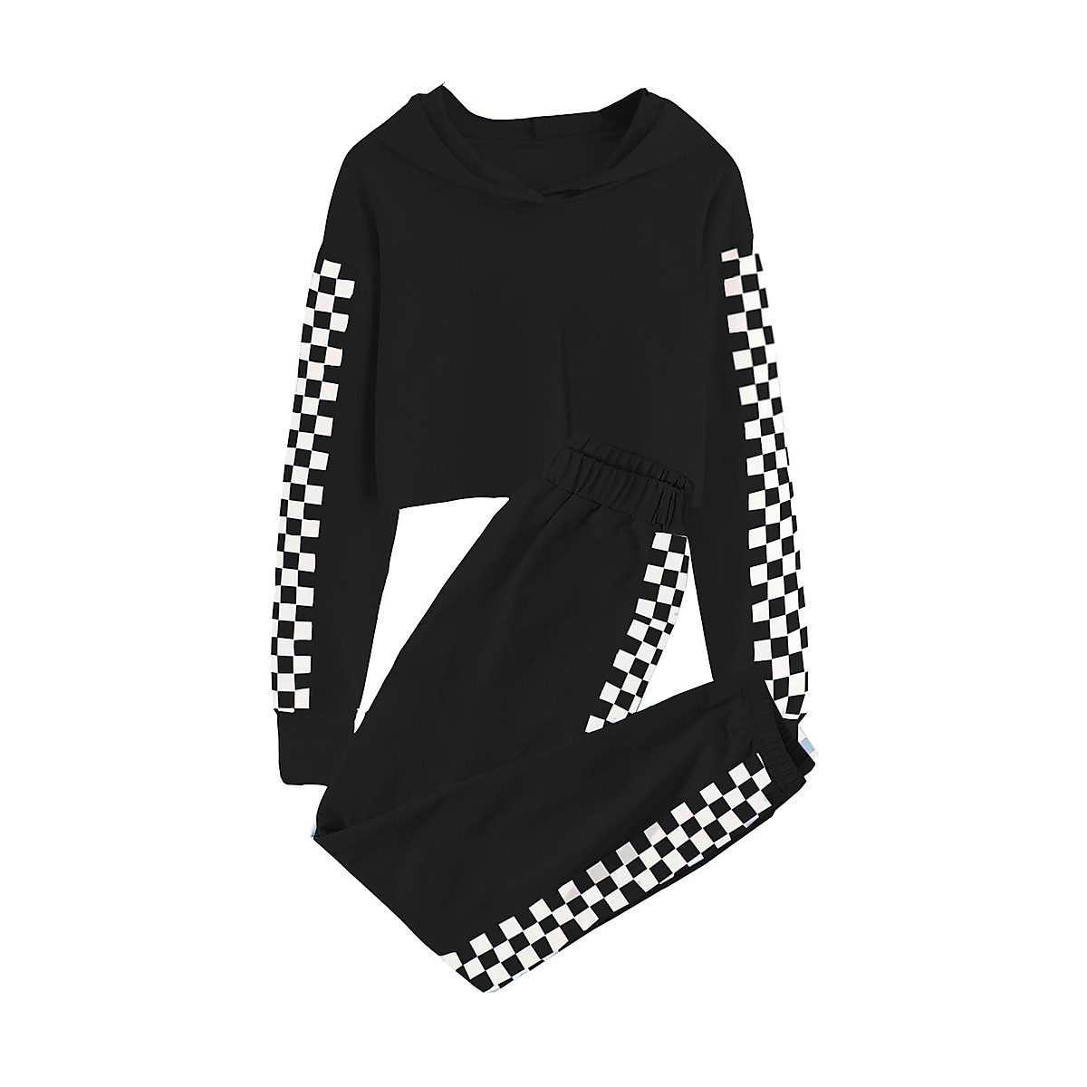 Meikulo Crop Tops Hoodies for Teen Girls Clothes Kids Cute Long Sleeve Shirts Checkered Sweatshirts and Sweatpants 2 Piece Outfits Sweatsuit Clothing Sets Black, 7-8 Years