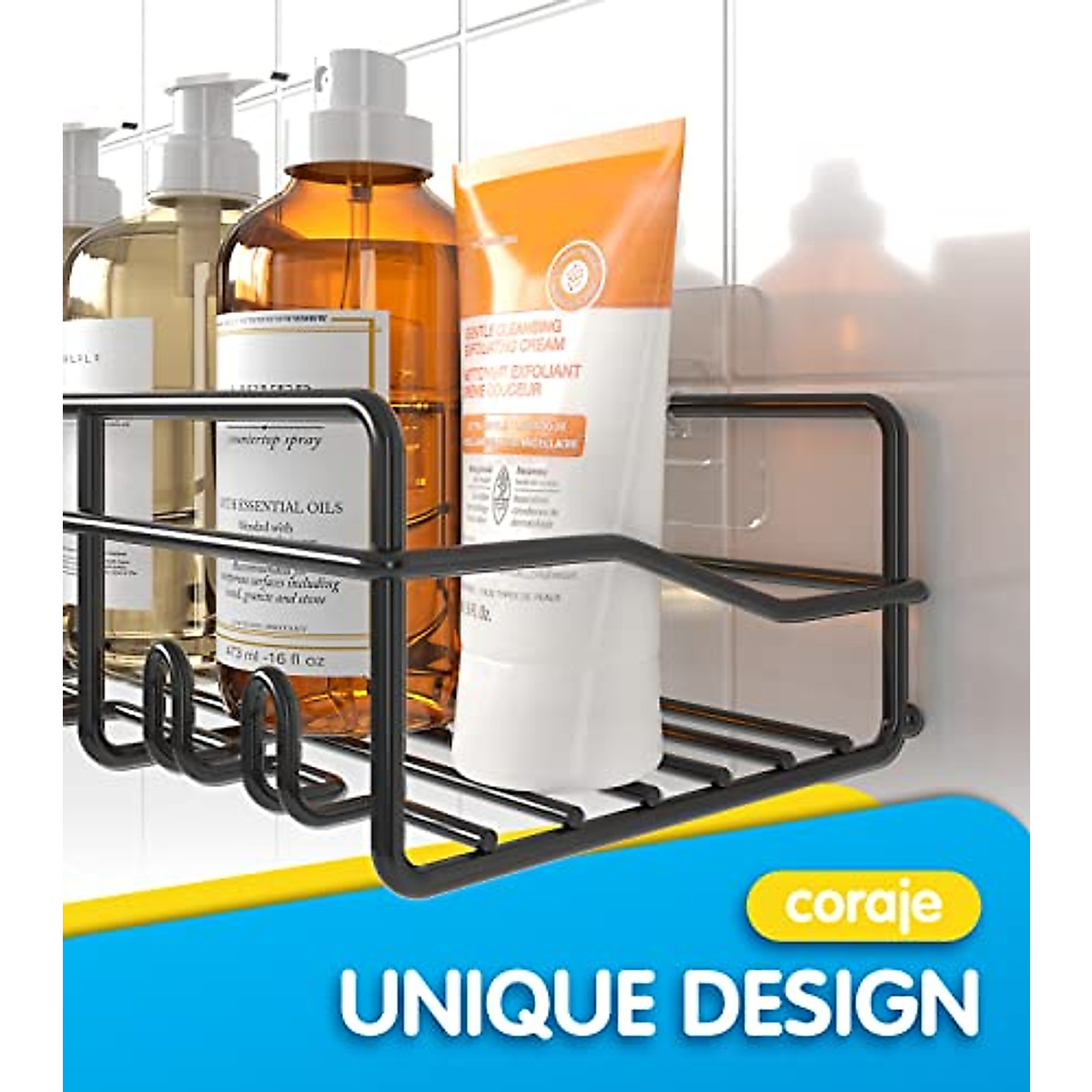 Coraje Adhesive Shower Caddy, [2-Pack] Shower Organizer, Large Capacity Rustproof Shower Shelves, Stainless Steel Bathroom Shower Organizer, Shower Shelf for Inside Shower, Black