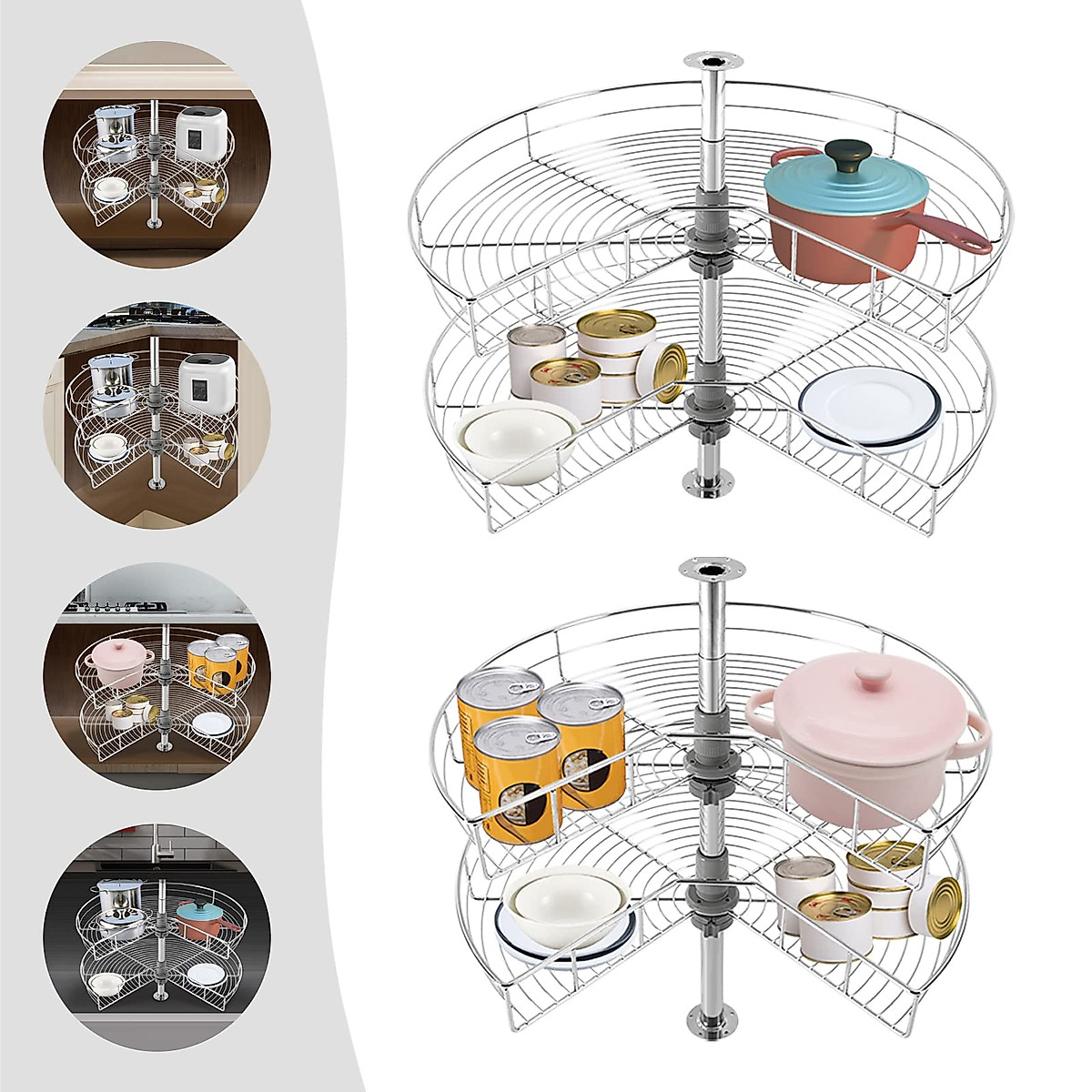 24/28'' 2 Tier Lazy Kitchen Base Cabinet Corner Organizer, 270° Rotating Kidney-Shaped Lazy Corner Cabinet Organizer Mounted, for Place Pots and Pans (Silver-28In)