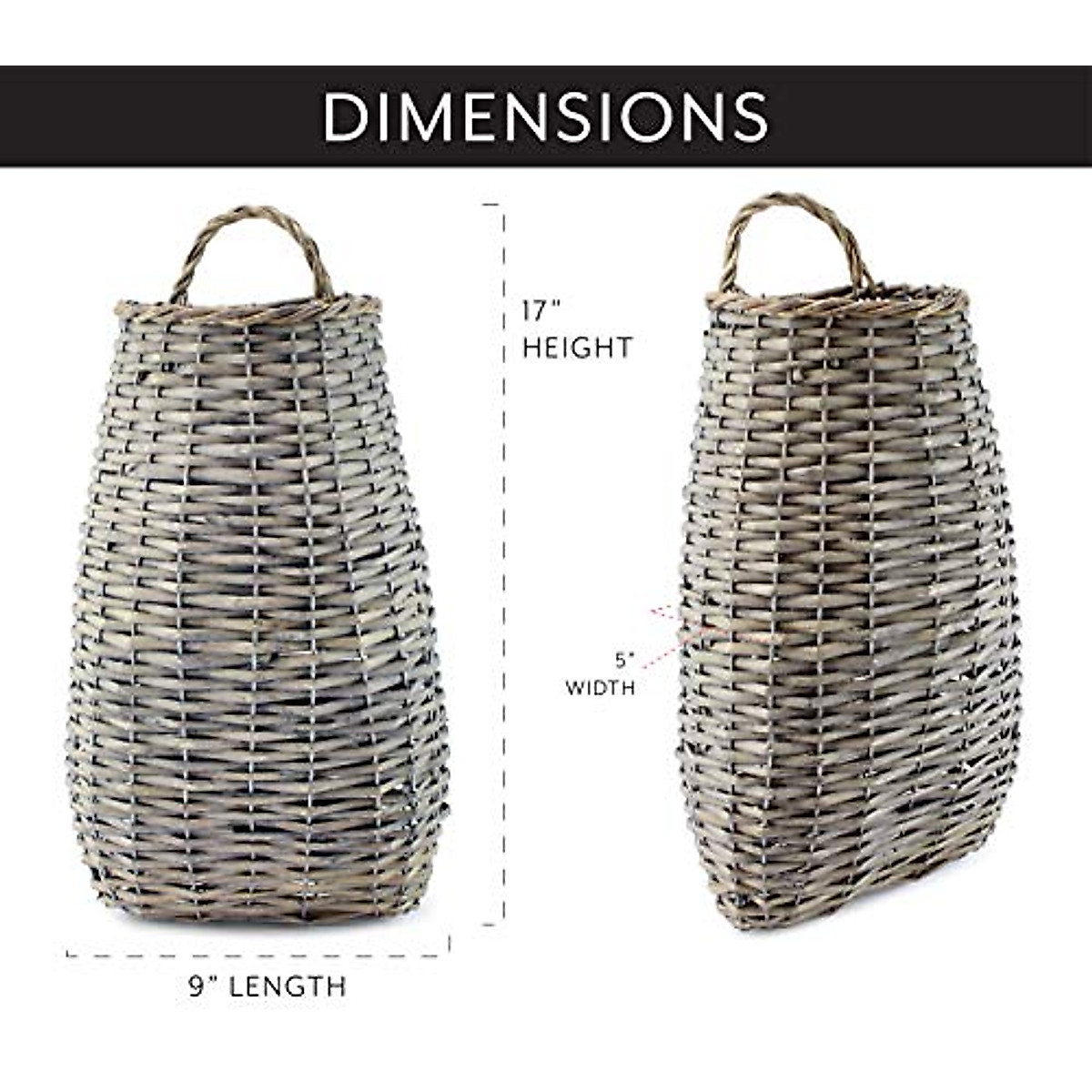 AuldHome Wall Hanging Pocket Basket; Woven Wicker Rustic Farmhouse Gray Washed Long Basket; 17 x 9 x 5 Inches