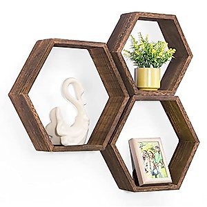 Honeycomb Shelves Set of 3 Wood Hexagon Shelves for Nursery Wall Farmhouse Octagon Shelves for Bedroom Wall Honey Combs Shelves Plant Shelf for Wall Decor Hanging Shelves for Plants, Rustic Brown