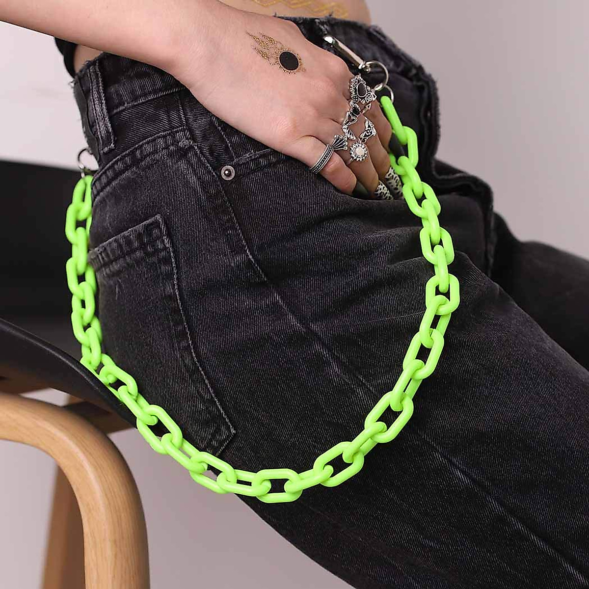 Bounzhi Hip Hop Jeans Pants Chain Punk Goth for Men Acrylic Link Wallet Chain for Women Hipster Chunky Thick Wallet Pocket Keychains Belt Waist Chains body Accessory for Girls(Green)