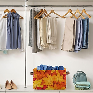 Fall Maple Leaves in Autumn Storage Basket,Large Storage Bin Fabric Collapsible Organizer Bag with Handles 15x11x9.5 inch