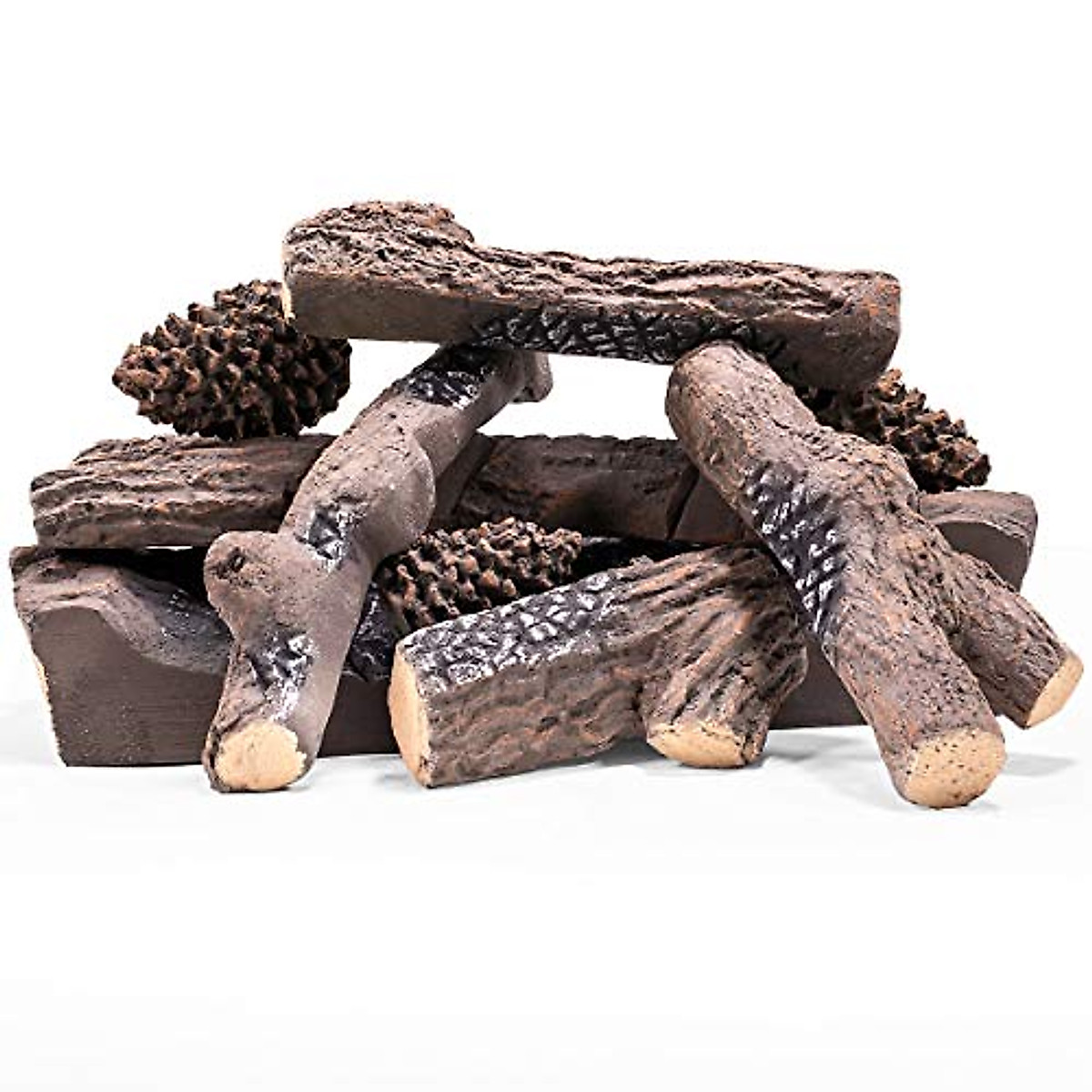 Barton 9Pc Ceramic Log Set Pine Wood Style w/Stackable Gas Heat Resistant Outdoor Indoor Fireplace Fire Wood Fake Realistic