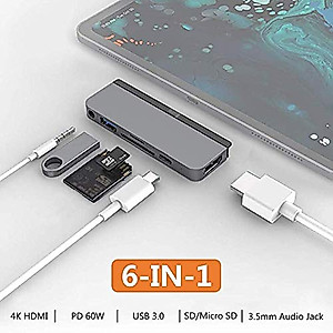 HyperDrive 6-in-1 USB C Hub HDMI 4K 60Hz - PD 60W, Audio Jack, SD/MicroSD, USB-A Compatible w/iPad Pro Air 2020 2019 2018, M1 iPad Pro 2021, Space Gray