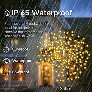 4 Pack Hanging Solar Firework Lights 480 LED Starburst Lights Outdoor Waterproof Copper Wire Lights 8 Modes Remote Control Fairy Lights Decorative for Garden Tree, Eave, Patio, Gazebo (Warm)
