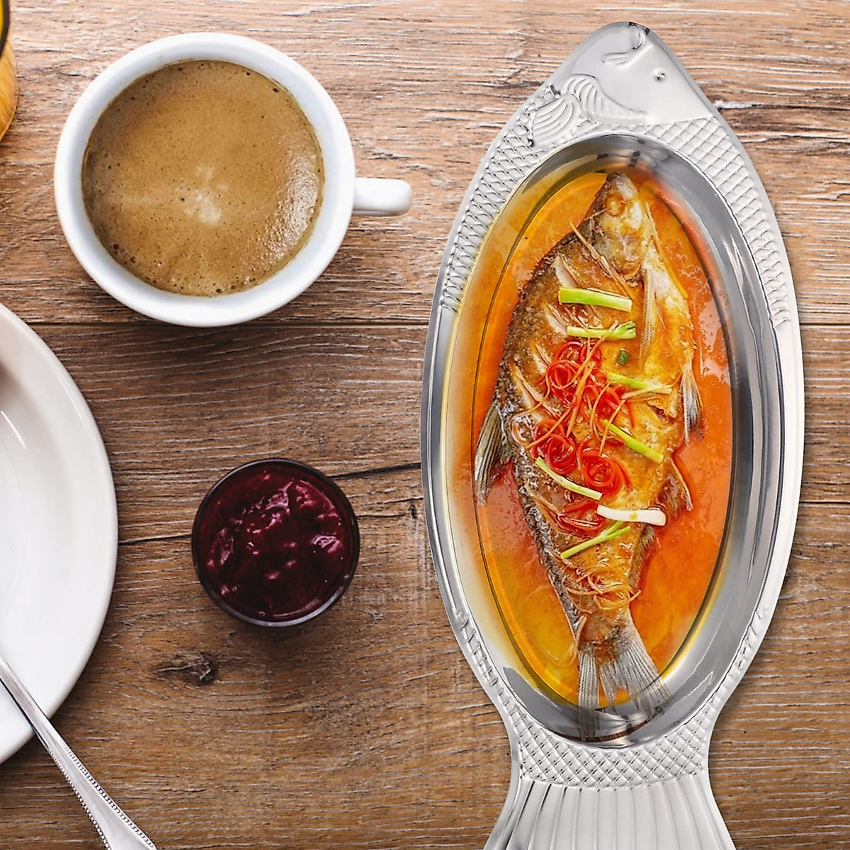 Serving Platter Dish Fish Shape Stainless Steel Oval Platter Fish Grill Serving Tray Fish Plate for Steaming Fish