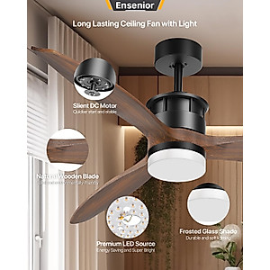 Ensenior 52’’ Wood Ceiling Fan with Light and Remote Control, Reversible and Silent DC motor, Modern Ceiling Fan with Remote for Bedroom, Living Room, 5CCT selectable LED Light, Black (335)