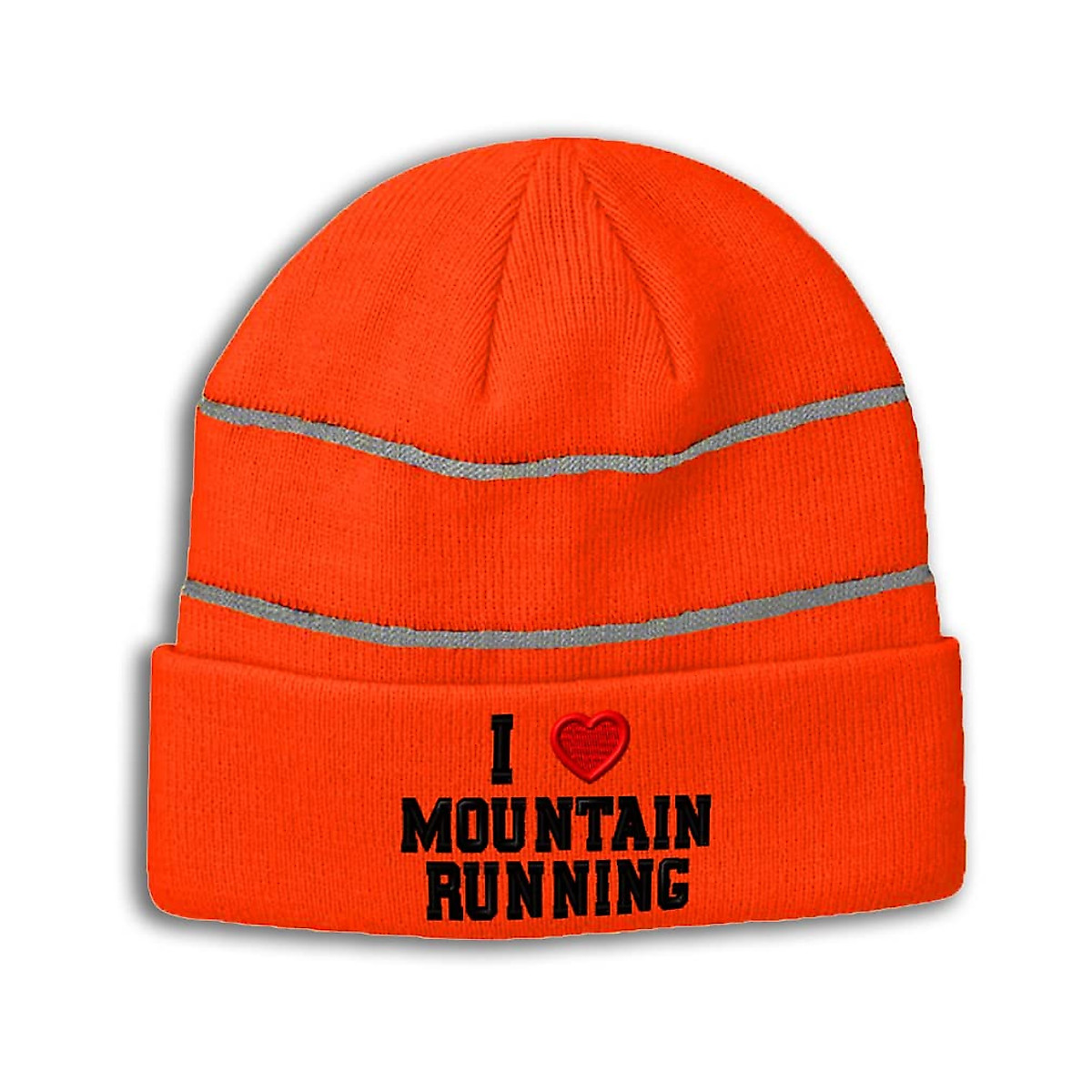 Custom Reflective Beanie I (Love) Mountain Running Red Heart Sports Lovers Cross Country Acrylic High Visibility Running Gear Skull Cap for Men & Women 1 Size Neon Orange Design Only