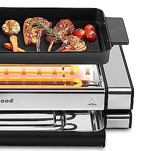 Indoor Electric Grill, Techwood 1500W BBQ Korean Grill with 5 Gear Temperature Adjustment & Metal Drip Tray, Handle, Removable Griddle and Grill Barbecue Plate for Party Cooking, Stainless Steel, Silver