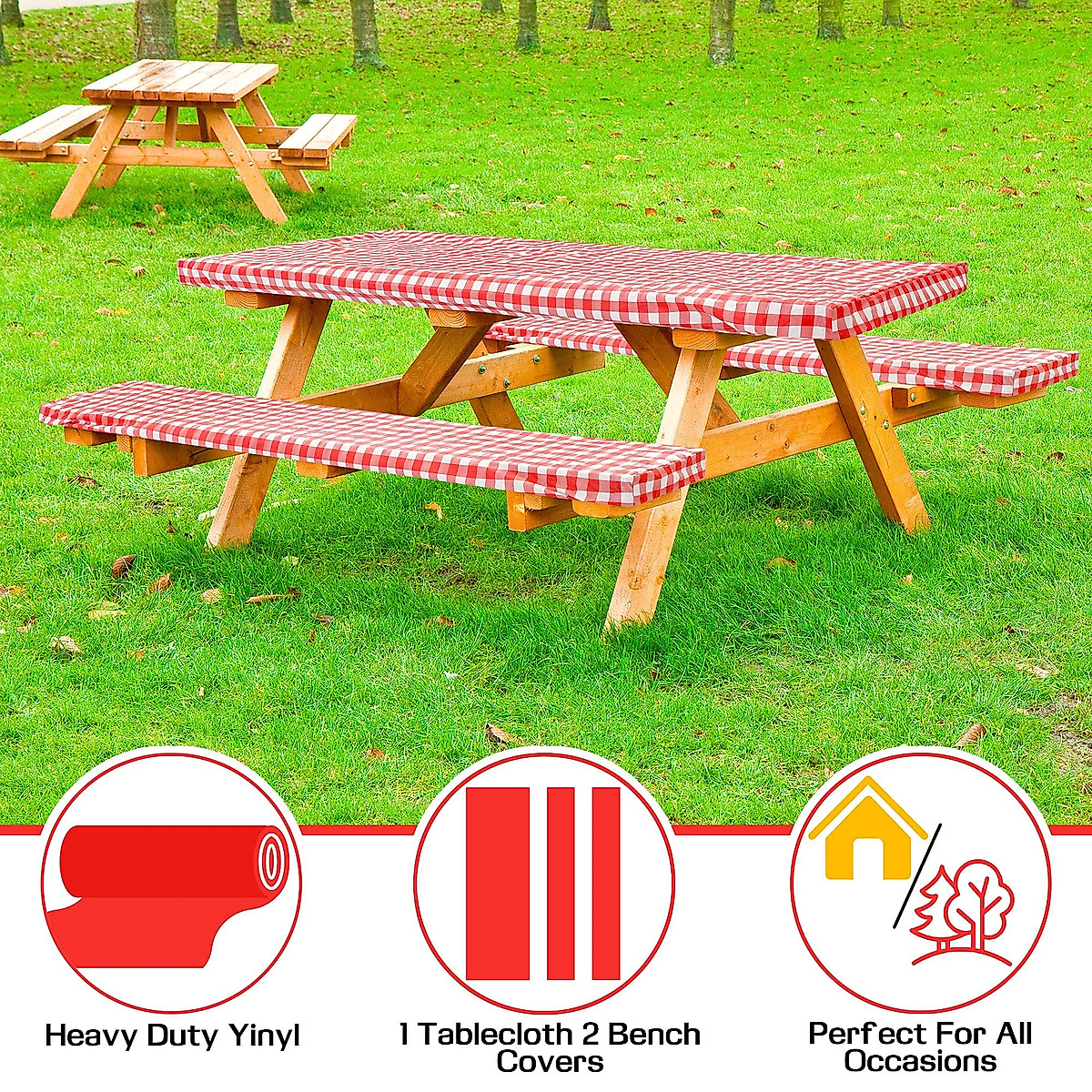 LINPRO 6ft and 8ft Fitted Picnic Table Cover and Bench Covers. These 2 Most Common Sizes Reusable Outdoor Picnic tablecloths with Elastic Will Cover Most Camping Picnic Tables and Folding Tables.