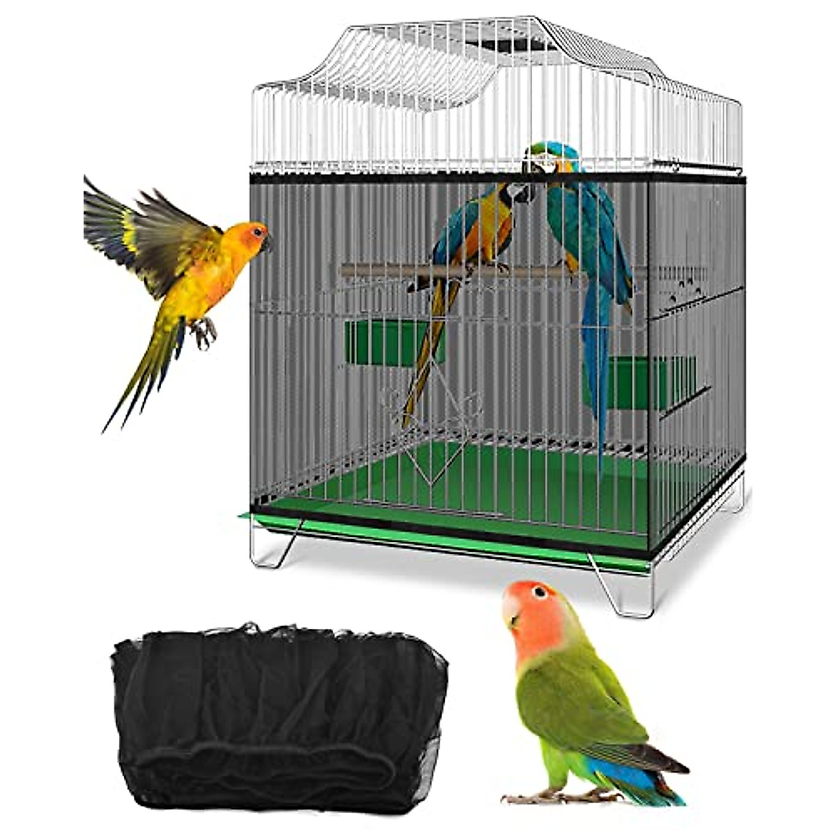 Bissap Bird Cage Seed Catcher, Universal Birdcage Net Nylon Adjustable Elastic Band Stretchy Skirts Mesh Cover for Parrot Cage Seed Guard (Not Include Birdcage)- Black