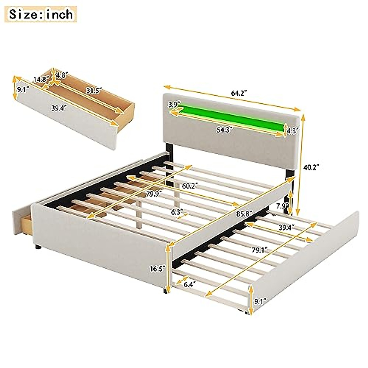 Merax Queen-Size Upholstered Storage Platform Bed with Twin Size Trundle, 2 Drawers, LED and USB Charging, Beige Wood Bed Frame