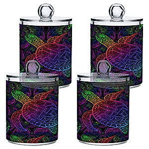 JUMBEAR 4 Pack Mandala Sea Turtle Qtip Holder Dispenser with Lid, 14 oz Clear Plastic Apothecary Jar Set for Bathroom Vanity Organizers Storage Containers