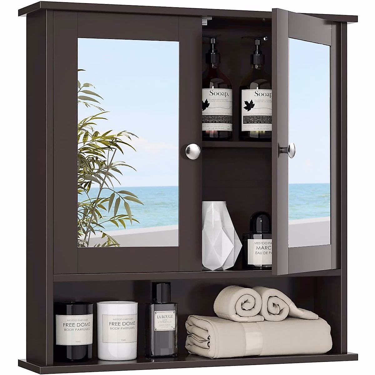 RELAX4LIFE Wall Bathroom Cabinet with Mirror - Wood Over The Toilet Storage Cabinet Space Saver w/2 Doors, Adjustable Shelf & Open Compartment, Modern Wall Mount Medicine Cabinet (Brown)