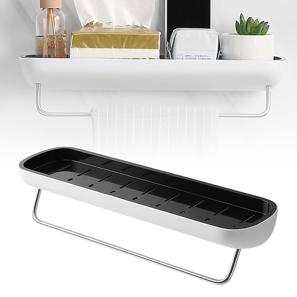 YAWOTA Bathroom Shelves, No Drilling Shower Wall Shampoo Stands, Wall-Mounted Glass Bathroom Shelves, Bathroom Wall Floating Shelves, Bathroom Shelves Above The Toilet With Towel Racks (A-Black)