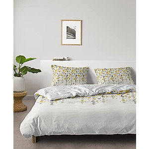 Autumn Yellow Weeping Floral White Back Duvet Cover Sets 4 Piece California King Ultra Soft Bed Quilt Cover Set for Kids/Teens/Women/Men,Gray Flower Vine Leaf Bedding Collection All Season Use