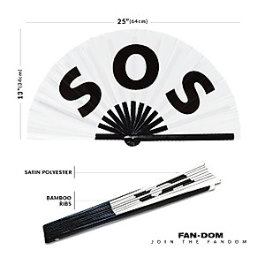 SOS hand fan foldable bamboo circuit hand fan funny gag slang words expressions statement gifts Festival accessories Rave handheld Circuit event fan Clack fans (White)