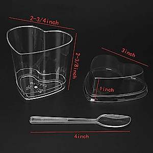 XIGUI 4oz/140ml Mini Dessert Cups - Clear Tasting Sample Shot Glasses 25 Piece Reusable of Plastic Heart-Shaped Dessert Cups + Lid + Spoon, Suitable for Cheese, Desserts, Jelly, Mousse, Ice Cream
