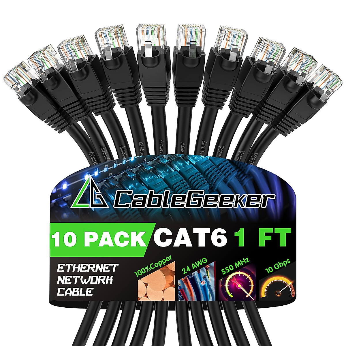 CableGeeker Cat 6 Ethernet Cable 8 ft (10-Pack) - Cat6 Patch Cables, Snagless RJ45, Cat 5e Cat 6 Patch Cable, Cat 6 Cable, 8 Foot Cat6 Ethernet Cables, Network Cable, Internet Cable - 8 Feet Black