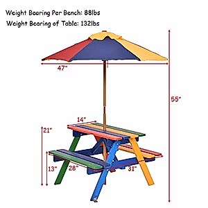 gotoplay Kids Picnic Table Set w/Removable & Foldable Umbrella, Outside Table Set with Benches, Wooden Table and Bench Set for Toddler Boys Girls (Colorful)