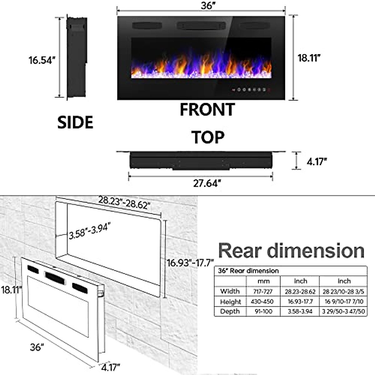ANDAXIN Recessed and Wall Mounted 36" Electric Fireplace, Wall Fireplace Electric with Remote Control and Timer, Adjustable Flame Color and Speed, Touch Screen, 750-1500W, Black