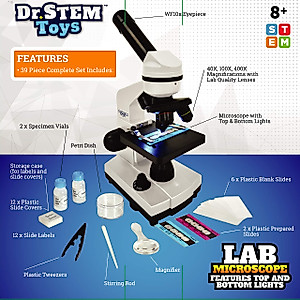 Dr. STEM Toys 39 Piece Microscope Kit for Kids with Top and Bottom Lights, Specimen Slides, 40X, 100X, and 400X Adjustable Lenses - for Kids and Schools (Ages 8+), White