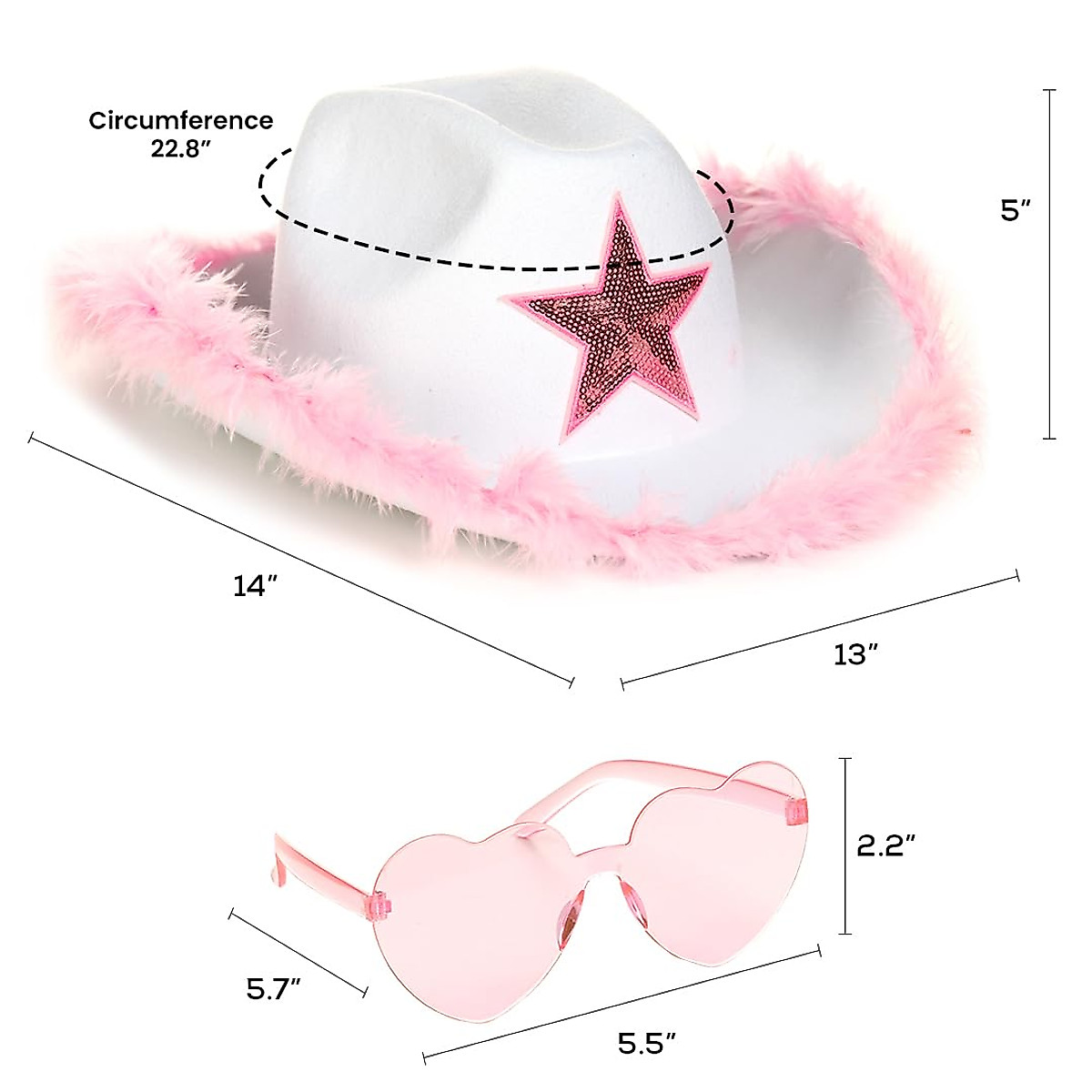 Funcredible White Cowboy Hat and Glasses - Fluffy Cowgirl Hat with Star for Girls - Cowboy Hat with Feathers - Cowgirl Accessories - Halloween Accessories for Women