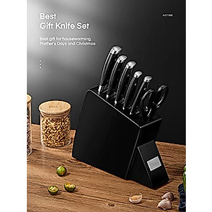 Knipan Knife Set with Block, Damascus Steel Kitchen Knives 7 Piece, Ultra Sharp AUS-10 Japanese Steel Knife Block Sets with Full Tang Handle, Black