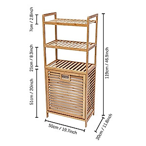 3-Tier Bamboo Laundry Hamper and Shelf with Fabric Bag Floor-standing Dirty Clothes Storage Basket Organizer with Handles for Bedrooms Cabinet Laundry Room 19.7x 11.8x 46.9 in 70lbs Load